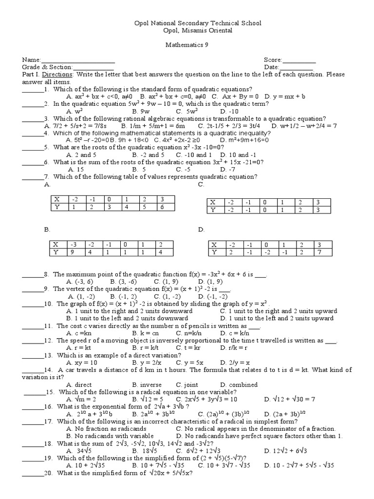 Post Test Math9-2015 | PDF | Rectangle | Triangle