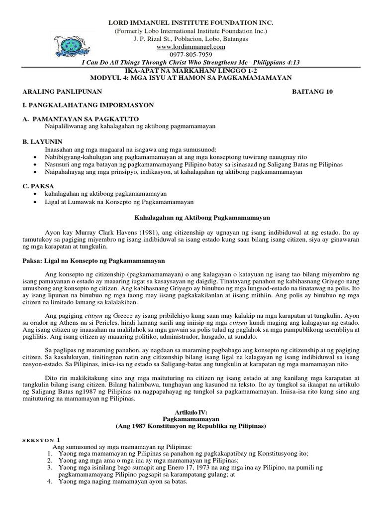 Araling Panlipunan Quarter 4 Week 1-2 | PDF