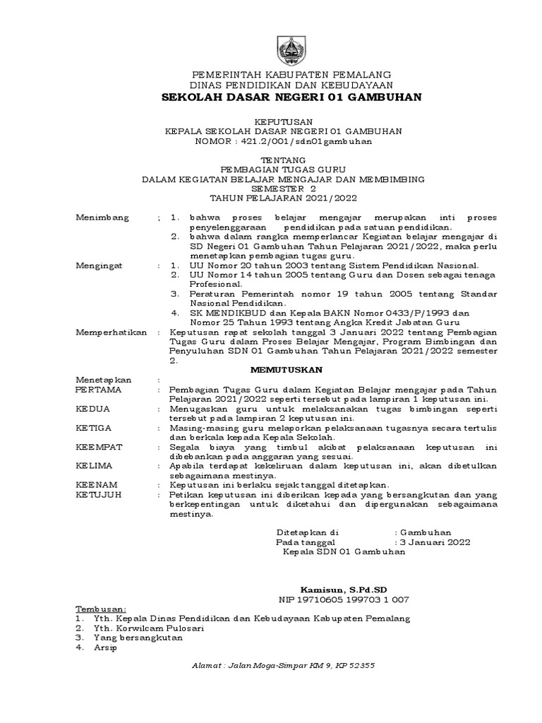 Contoh Pembagian Tugas Mengajar 20212022 | PDF