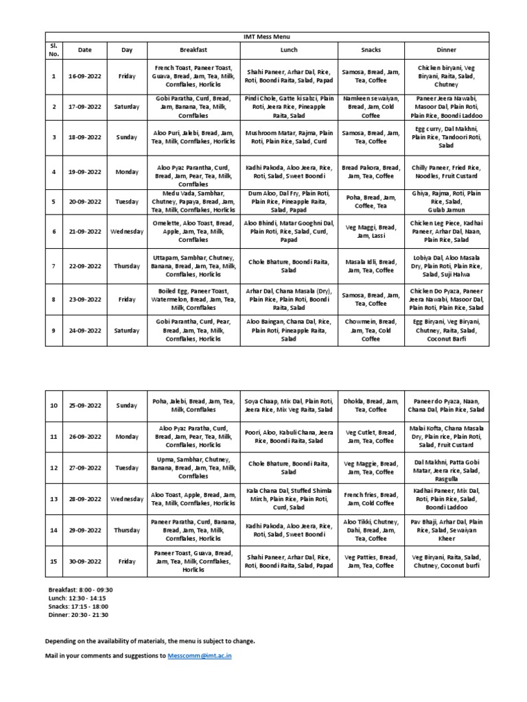 IMT Mess Menu - September 16 - 30, 2022 | PDF | Fruit Preserves | Lunch