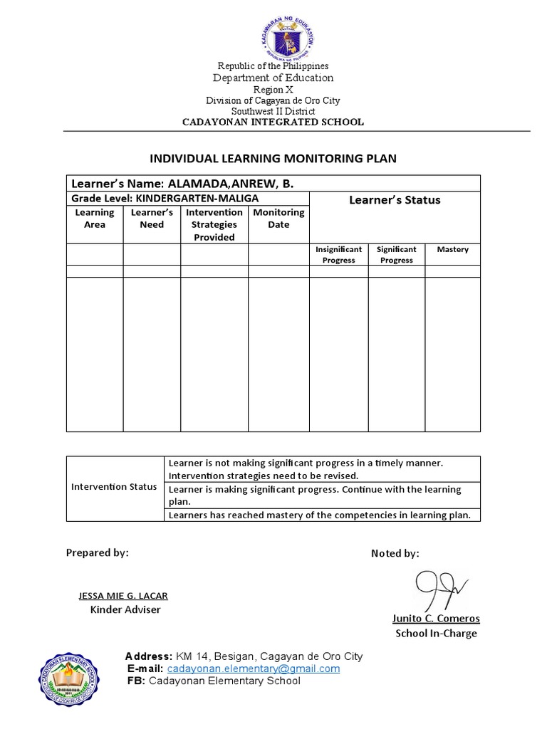 Individual Learning Monitoring Plan | PDF | Learning | Child Development