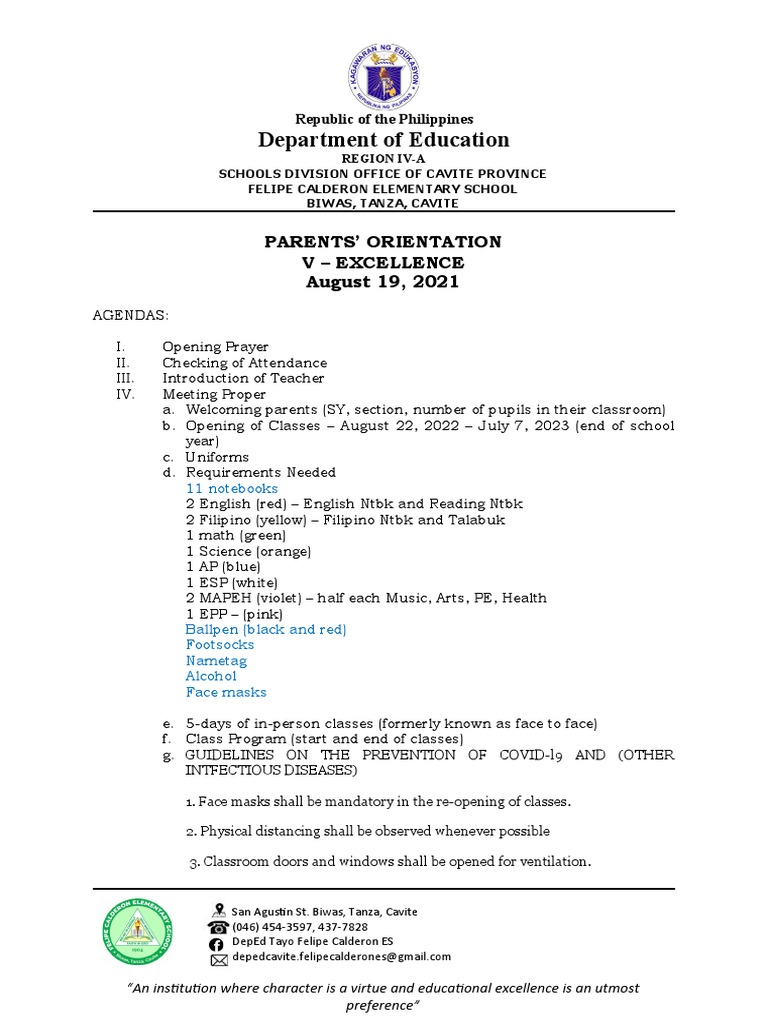 Parents Orientation Agenda | PDF