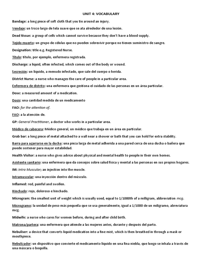 UNIT 4 Vocabulario | PDF | Cuidado de la salud | Ciencias de la Salud