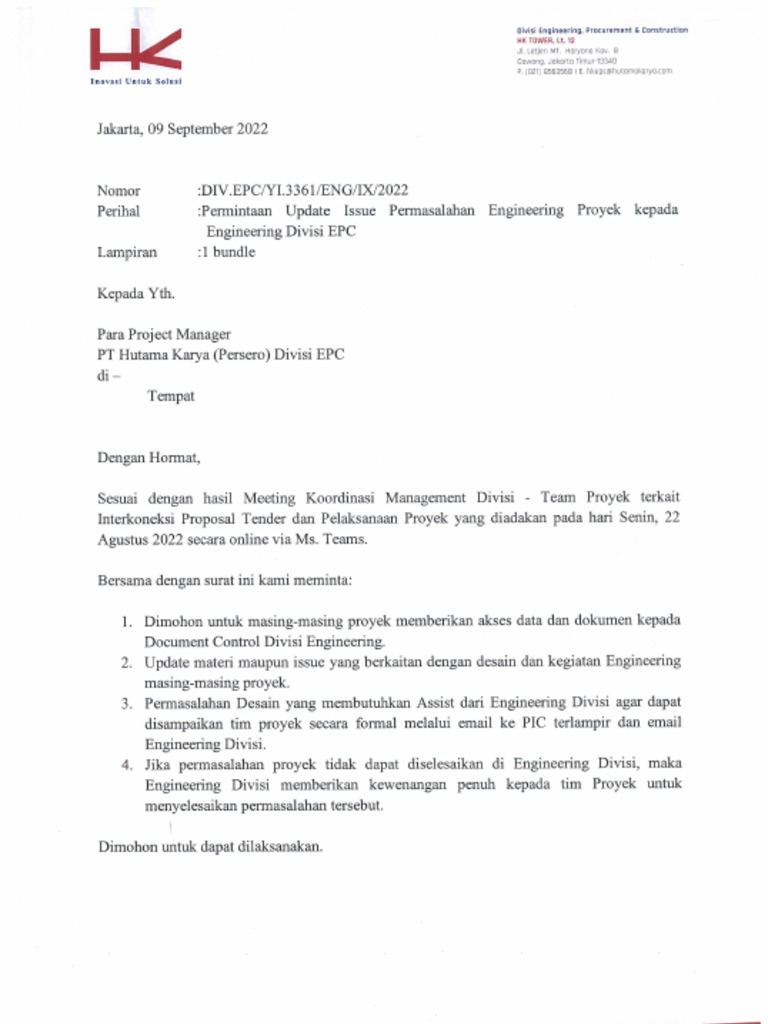 Permintaan Update Issue Permasalahan Engineering Proyek Kepada ...