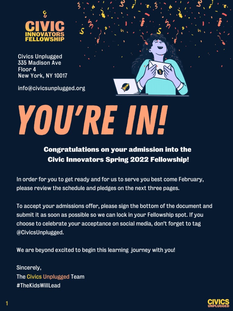 Civics Unplugged Acceptance Letter | PDF | Communication | Cognition