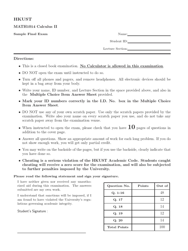 Math1014 Sample Final Exam | PDF | Test (Assessment) | Multiple Choice