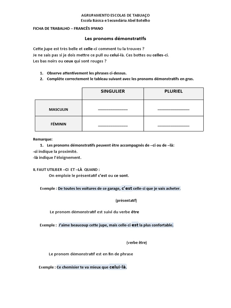 Ficha de Trabalho Francês | PDF | Genre grammatical | Pronom