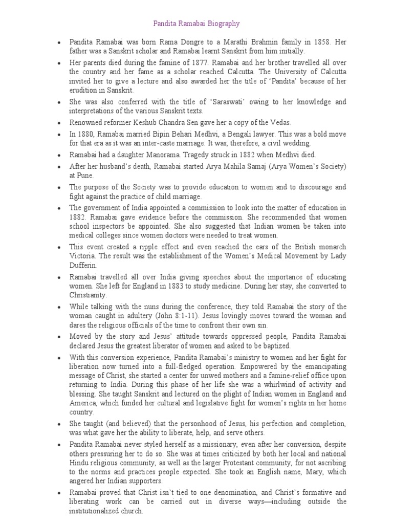 Biography of Pandita Ramabai | PDF | Social Science | History