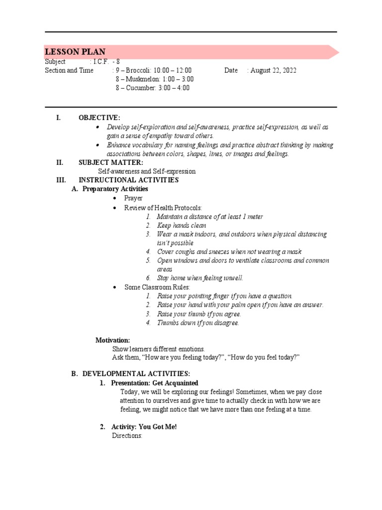 Lesson Plan - HG - Psychosocial | PDF | Feeling | Emotions