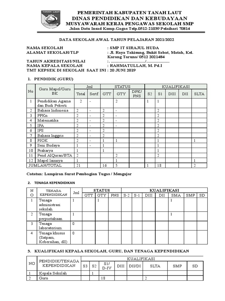 Instrumen Data Sekolah Awal Tahun | PDF