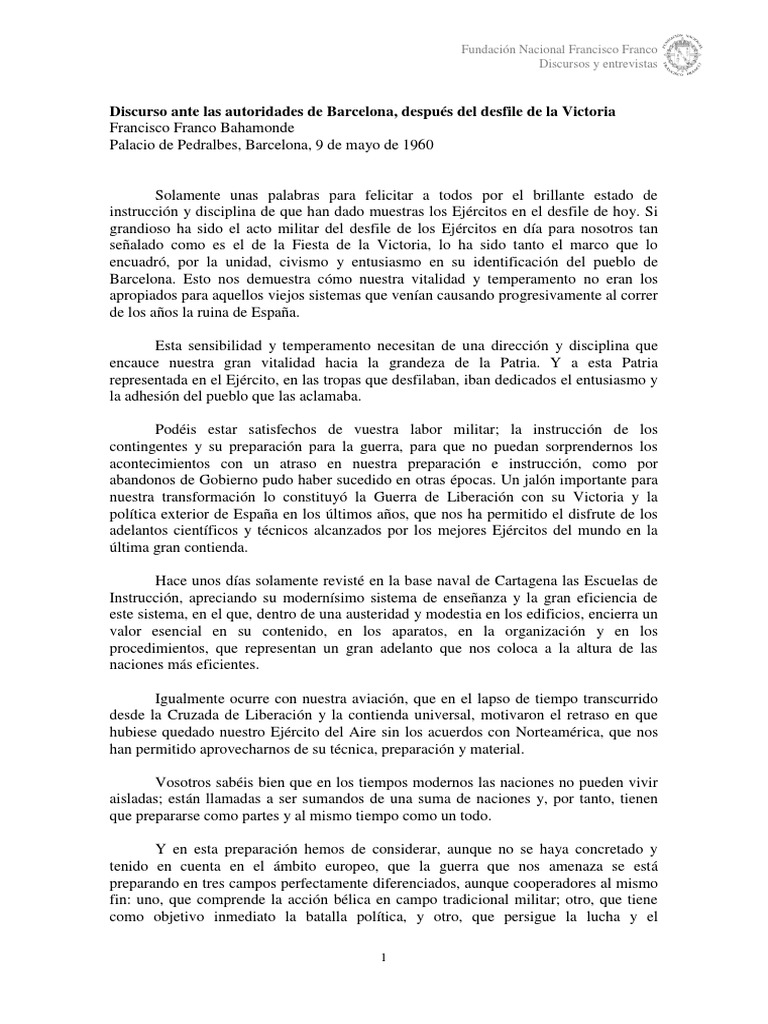 1960-9 de Mayo - Discurso A Autoridades Tras El Desfile de La Victoria - Barcelona | PDF ...