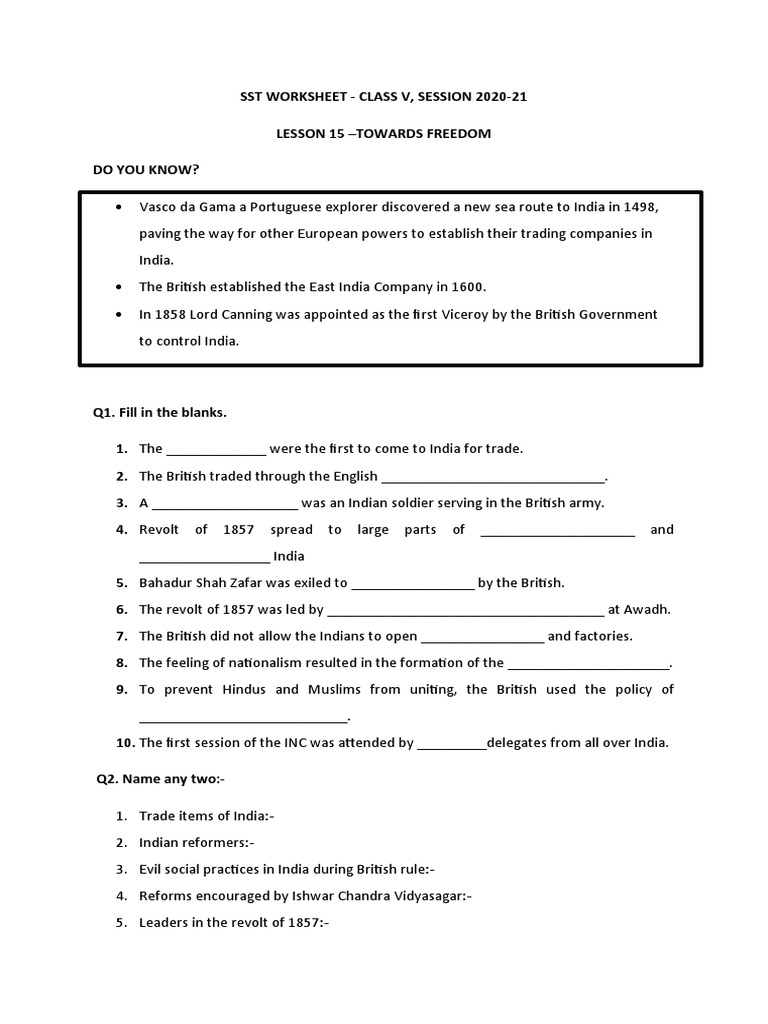 Towards Freedom - Worksheet | PDF | Indian Rebellion Of 1857 | British Raj
