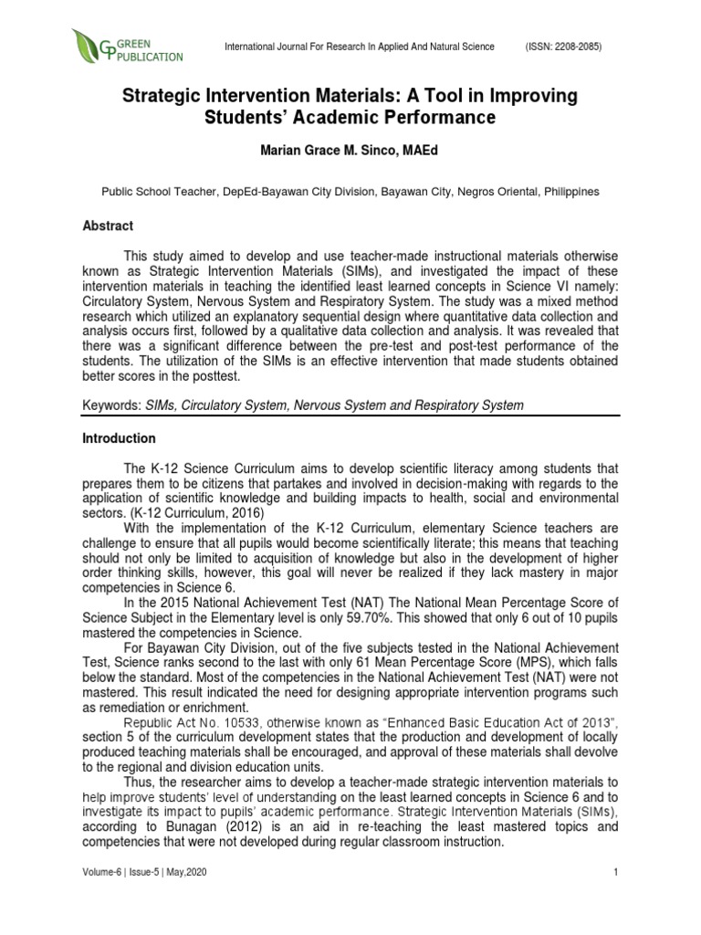 Impact of Strategic Intervention Materials on Science Performance | PDF ...