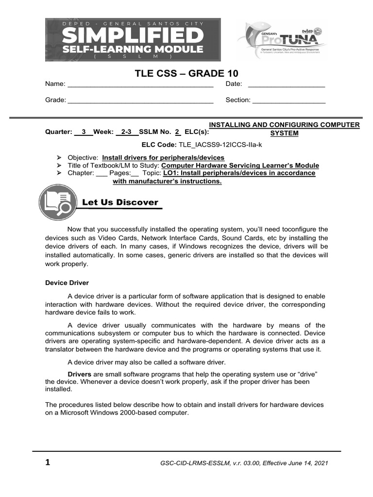 Tle Css - Grade 10: Let Us Discover | PDF | Device Driver | Operating ...