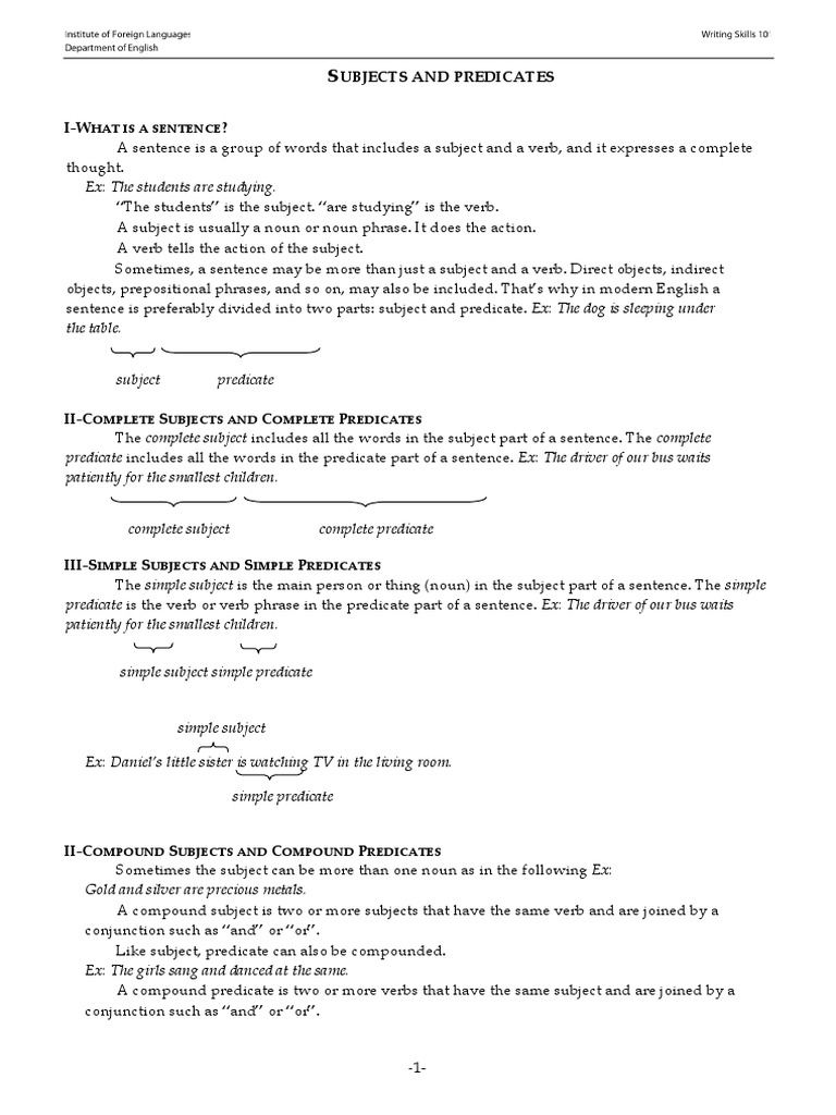 Subject and Predicate | PDF | Subject (Grammar) | Verb