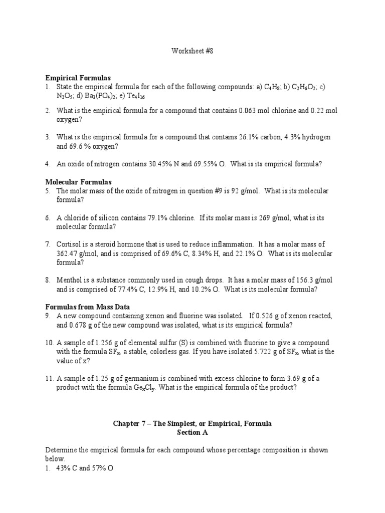 Empirical and Molecular Formulas Worksheet | PDF | Oxygen | Fluorine
