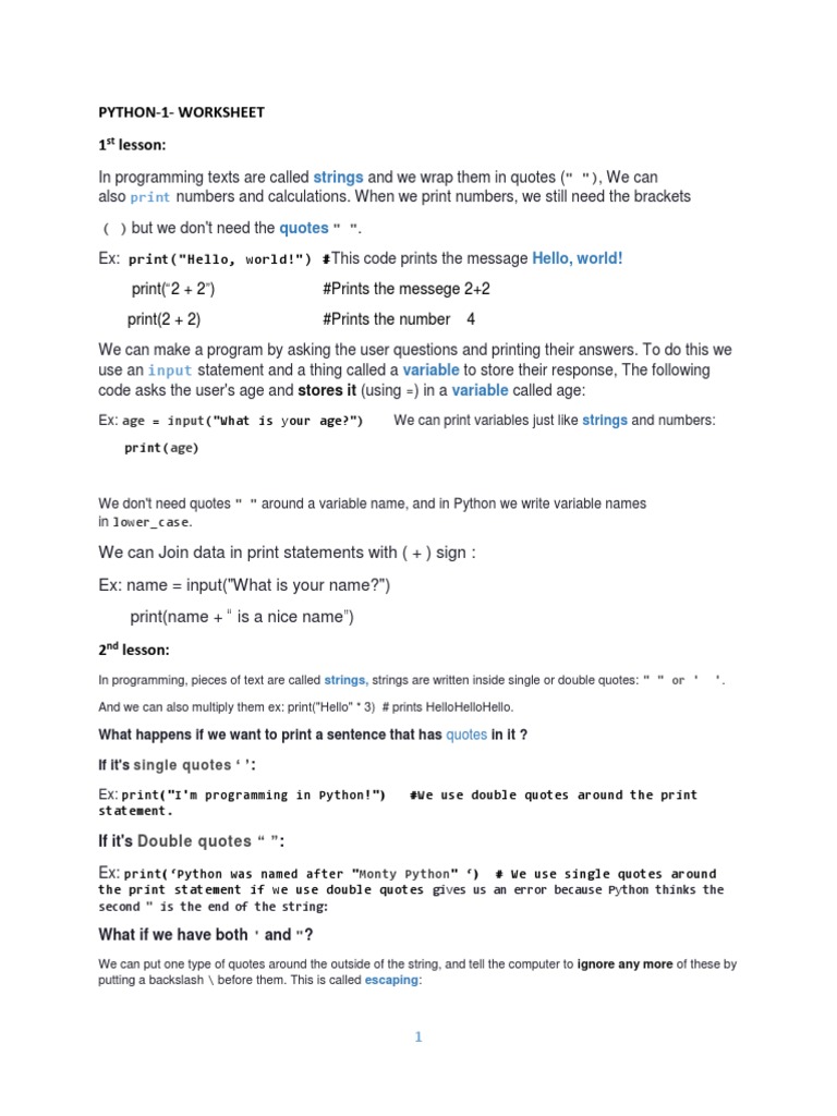 Python1 Worksheet Pdf Variable Computer Science String Computer Science 9665