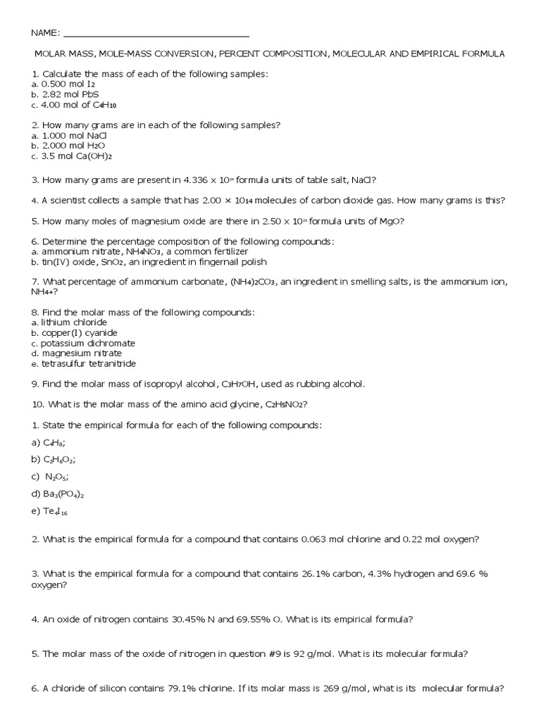 Molar Mass, Moles, Percent Composition Activity | PDF | Mole (Unit) | Oxide
