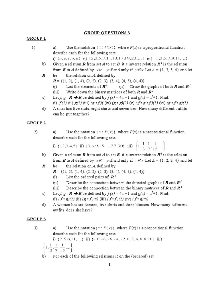 Group Question3 Sets Functions Combinatorics Relations Pdf Set Mathematics Function 6758