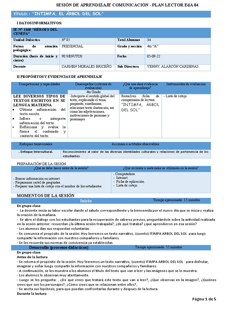 Sesión Plan Lector 01-09-22 | PDF | Evaluación | Aprendizaje