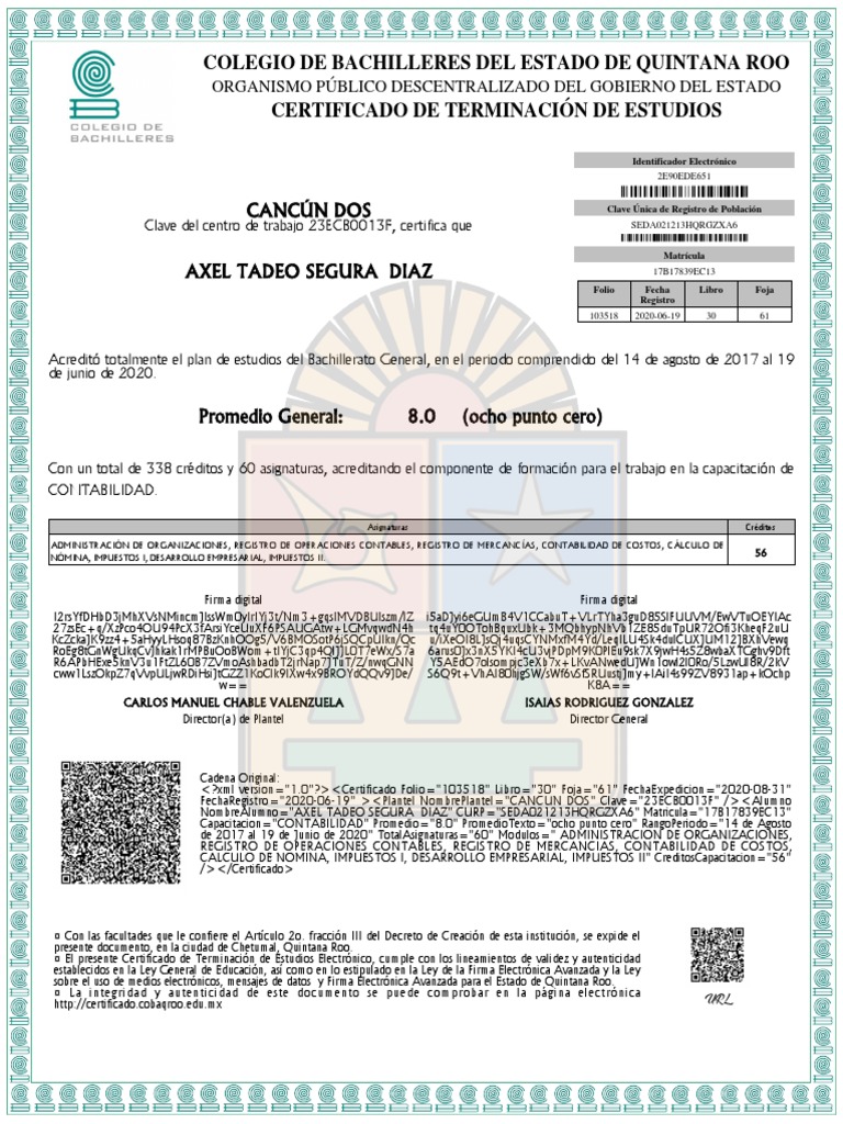 Certificado de Bachillerato Cobach 2020 | PDF