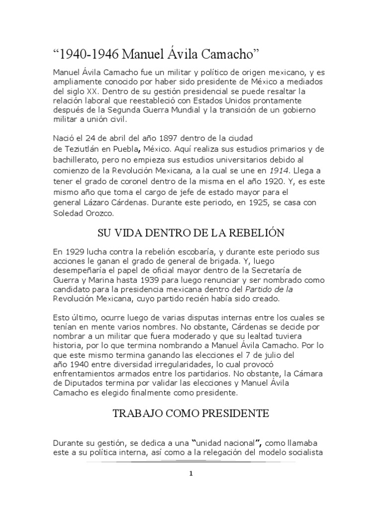 1940 1946 Manuel Ávila Camacho Su Vida Dentro De La Rebelión Pdf 3822