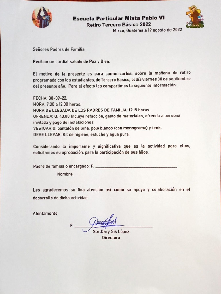 Nota Retiro Básico Padres de Familia | PDF