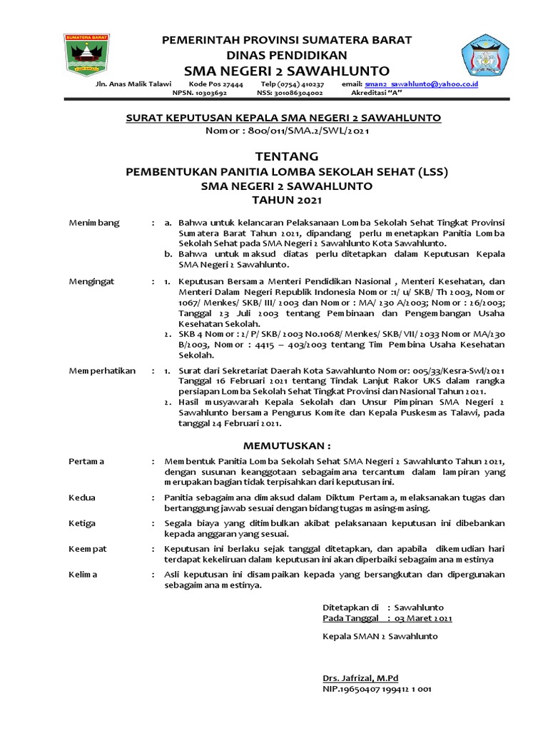 SK Panitia Lomba Sekolah Sehat 2021 | PDF