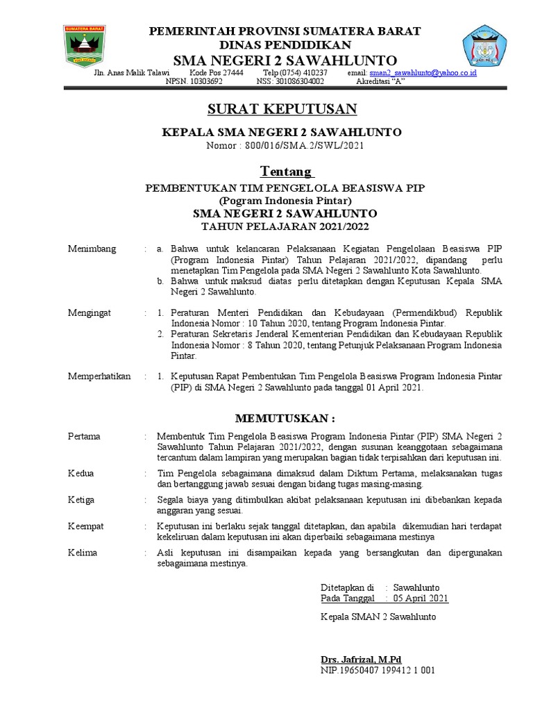 SK Tim Pengelola Beasiswa PIP 2021 | PDF