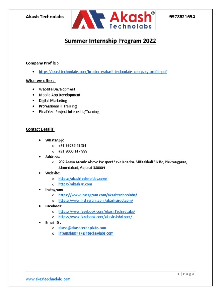 Akash Technolabs Summer Internship Program 2022 - Offering Online and Offline Internships in Web ...