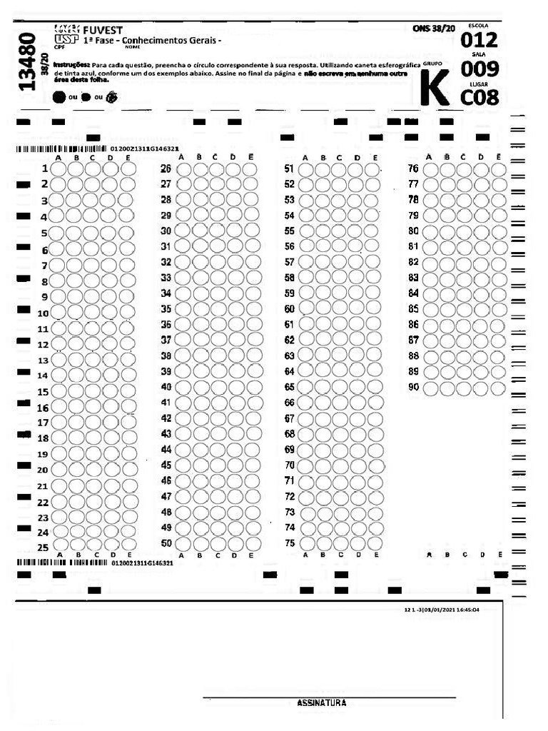 Folha de Respostas Fuvest Comum | PDF