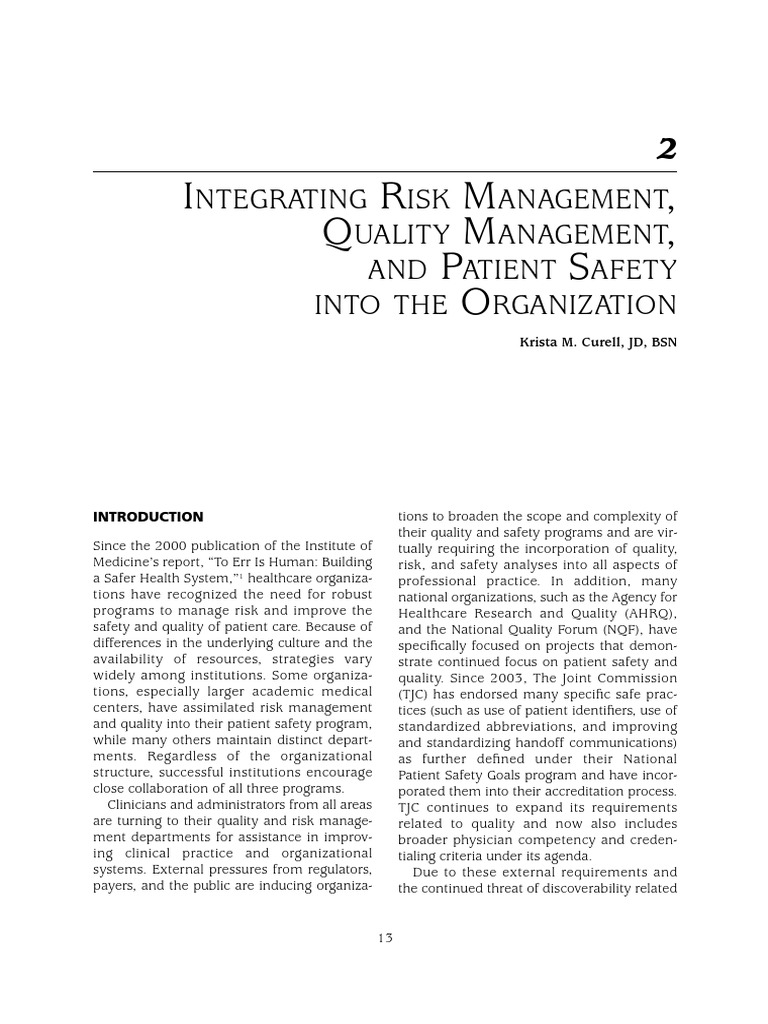 Chapter 2. Integrating Risk Management, Quality, Management, and ... Chapter 2. Integrating Risk Management, Quality, Management, and ...