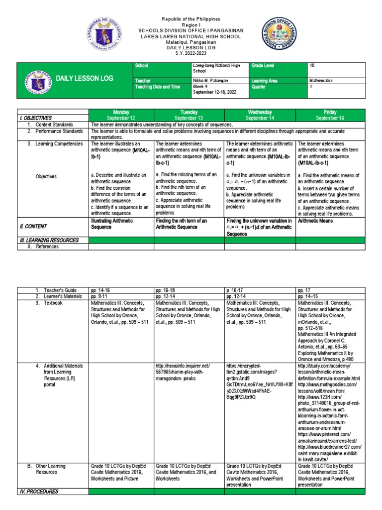 Grade 10-Math DLL Week 4 | PDF | Numbers | Learning