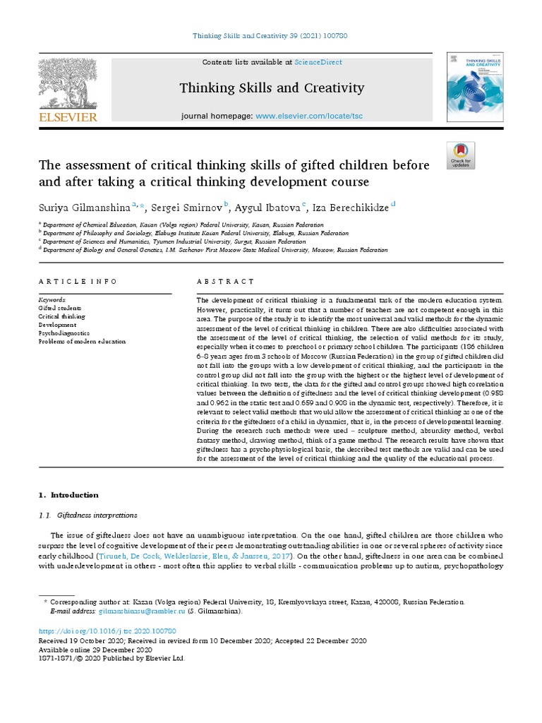 The Assessment of Critical Thinking Skills of Gifted Children Before ...