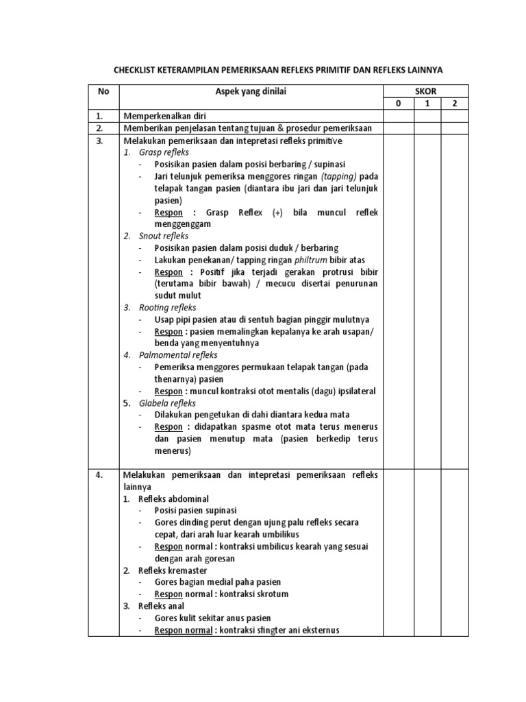 Dr. Arinta, SpS-checklist PX Refleks Primitif Dan Tambahan | PDF