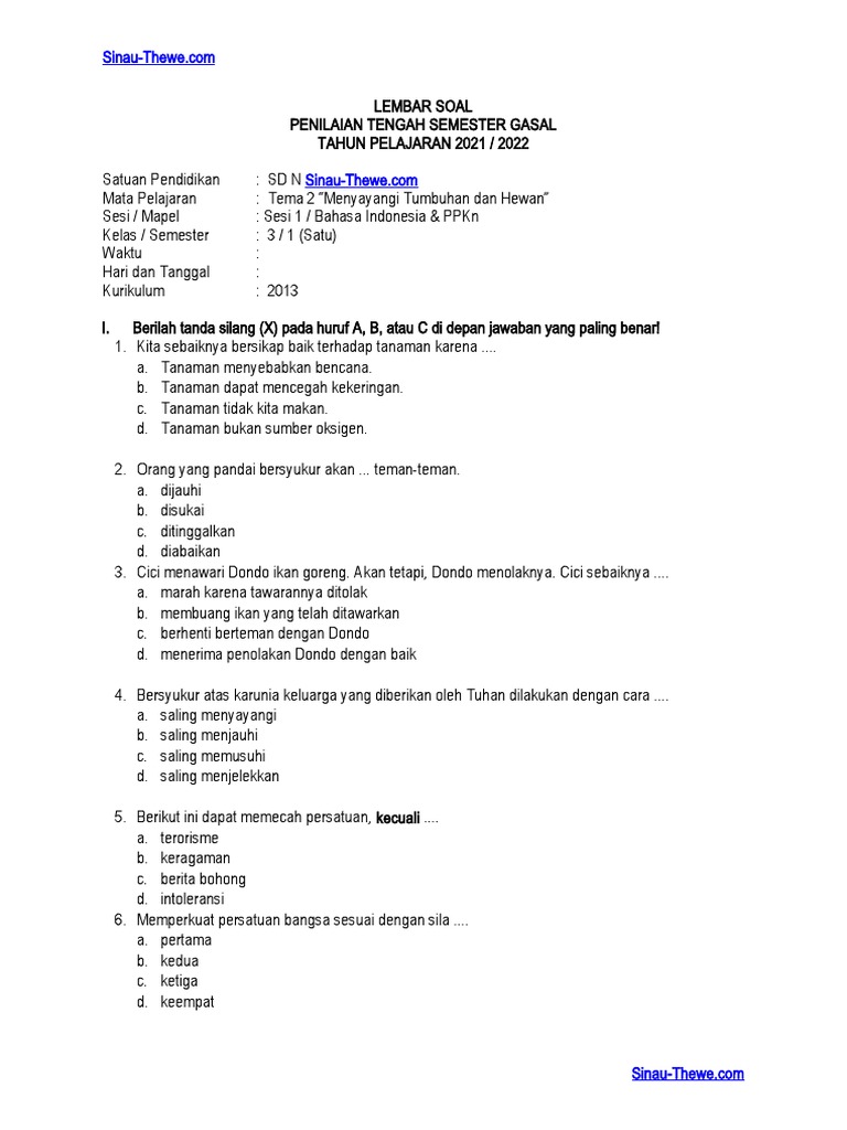 Soal & Jawaban PTS Kelas 3 Tema 2 Semester 1 Tahun 2021 | PDF