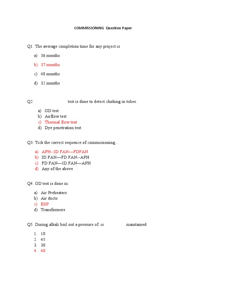 COMMISSIONING Question Paper | PDF | Boiler | Gases