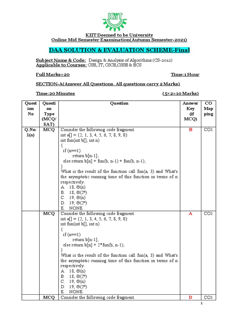 DAA Exam Solutions and Evaluation Scheme | PDF | Computer Programming ...
