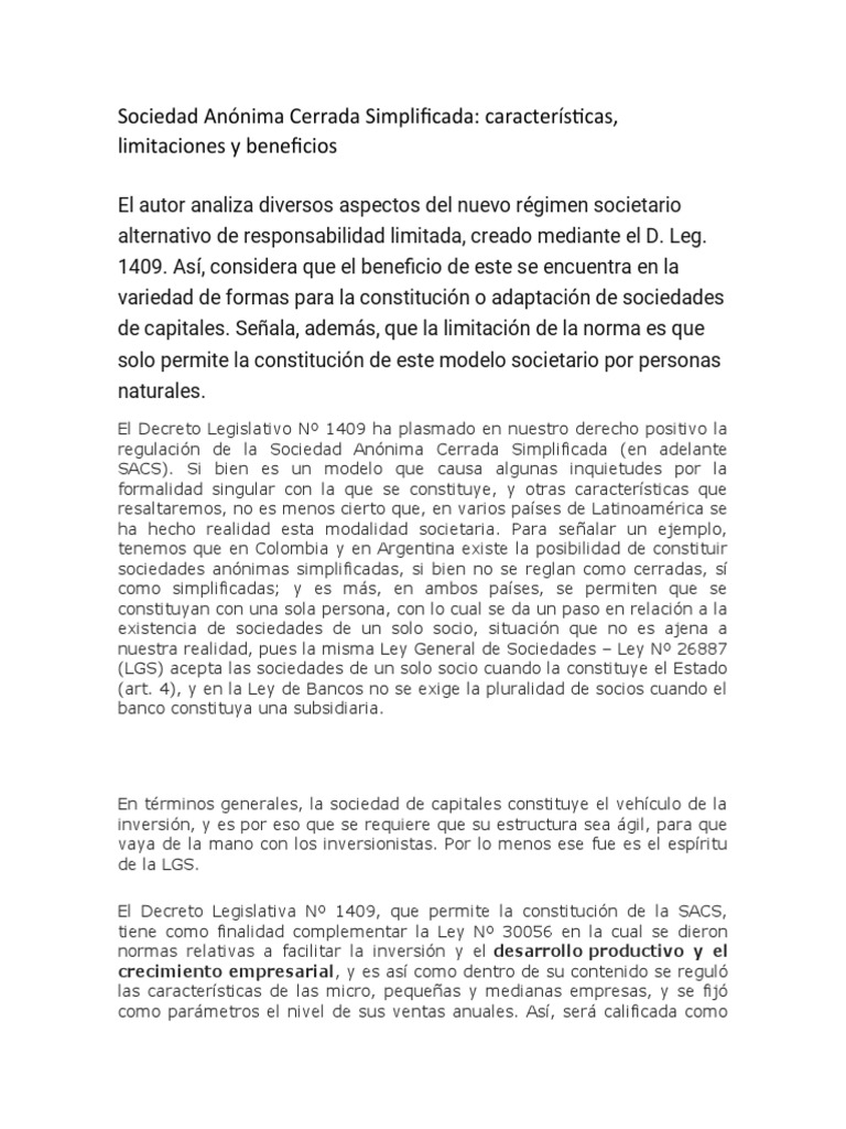 Sociedad Anónima Cerrada Simplificada: Claves | PDF | Pequeñas y ...