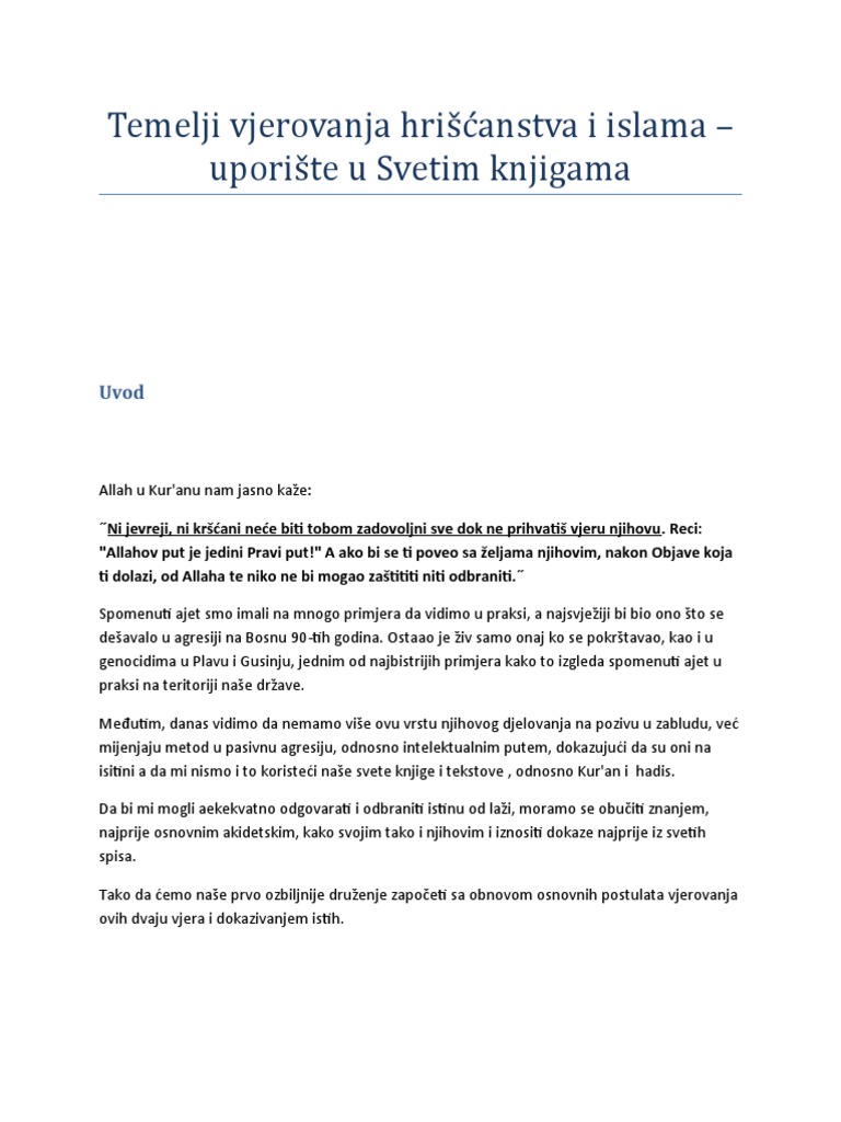 Temelji Vjerovanja Hrišćanstva I Islama | PDF
