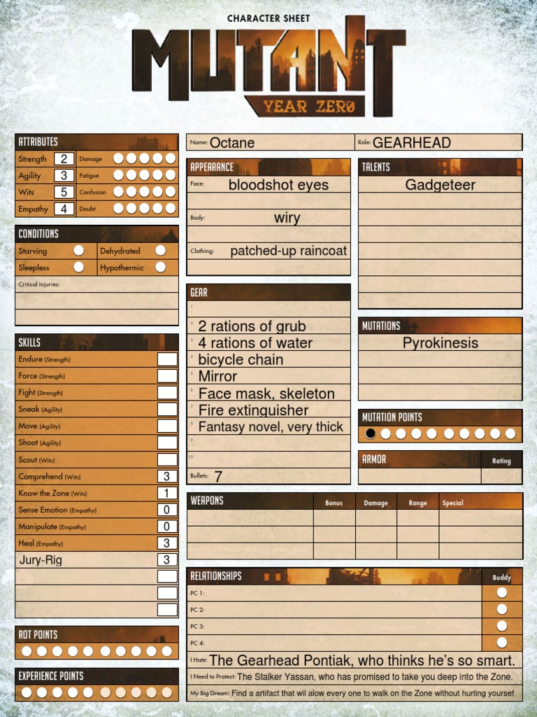 Mutant Year Zero Character Sheet Fillable 1.1 | PDF