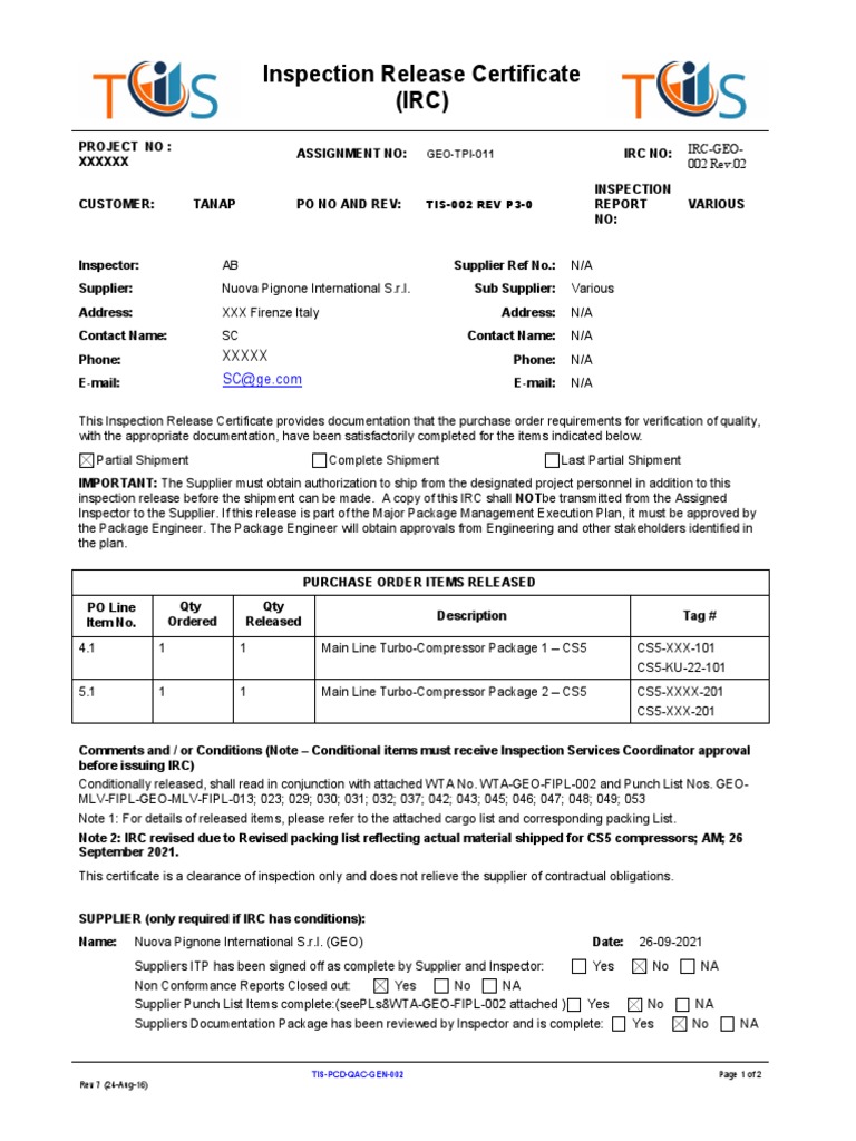 E13. Sample Inspection Release Certificate IRC | PDF | Business Process