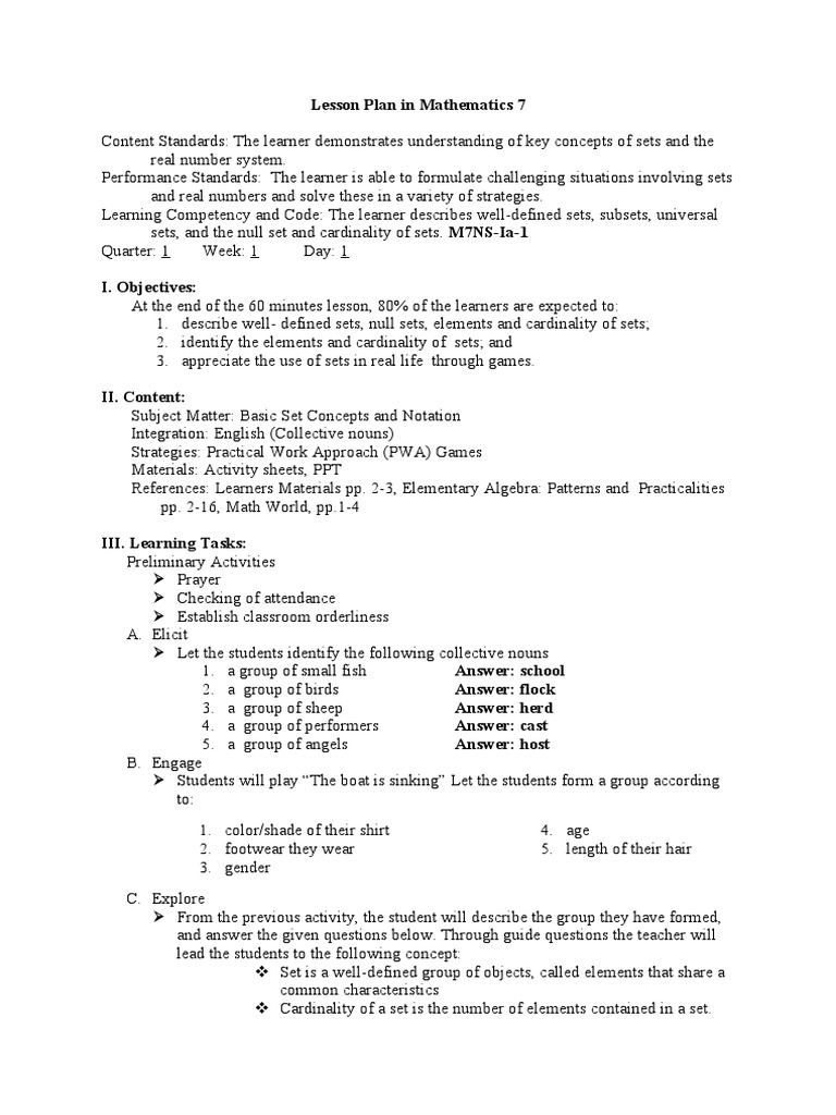 Grade 7 Mathematics Lesson Plan: Sets | PDF | Mathematics | Lesson Plan