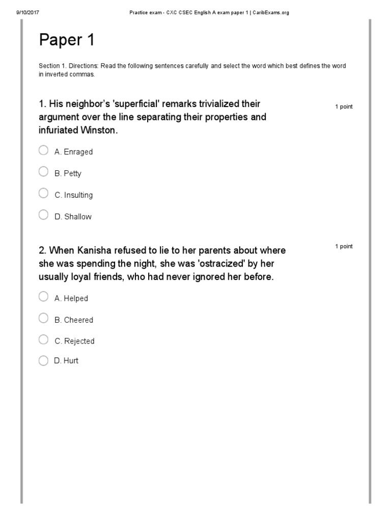 Practice Exam - CXC CSEC English A Exam Paper 1 - CaribExams | PDF