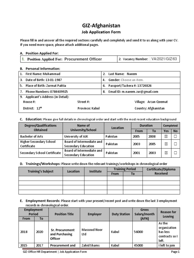 GIZ Form M Naeem For Procurement Officer | PDF