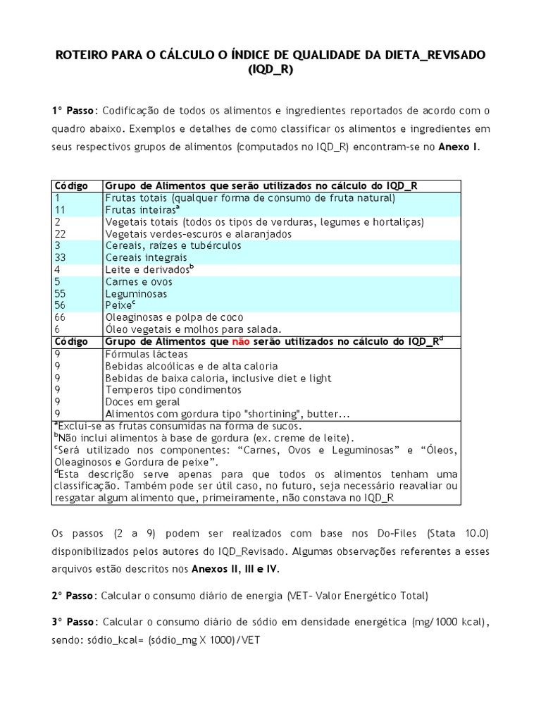 Roteiro para Calcular o Índice de Qualidade Da Dieta - Revisado - IQD R ...