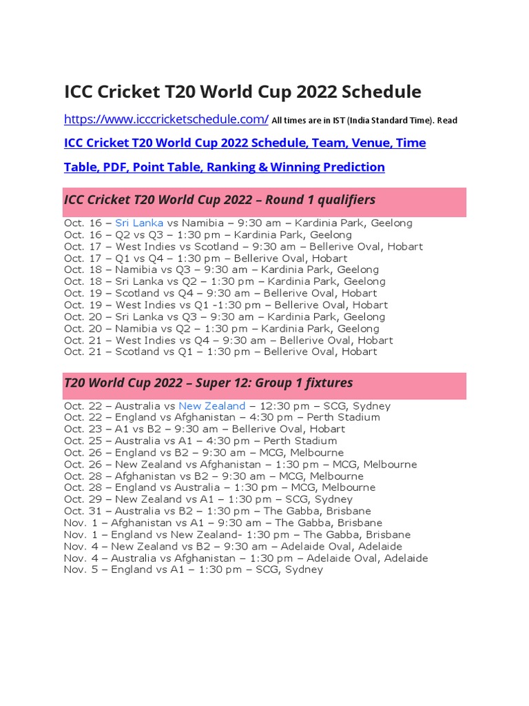 ICC Mens Cricket T20 World Cup 2022 Schedule PDF | Download Free PDF | England Cricket Team ...