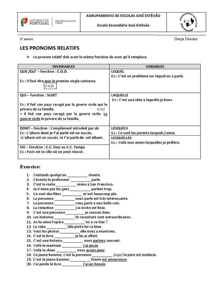 Fiche de travail sur les pronoms relatifs | PDF | Pronom | Échecs