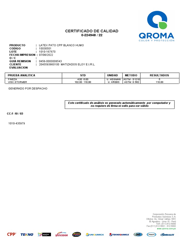 Certificado de Calidad Latex Pato | PDF