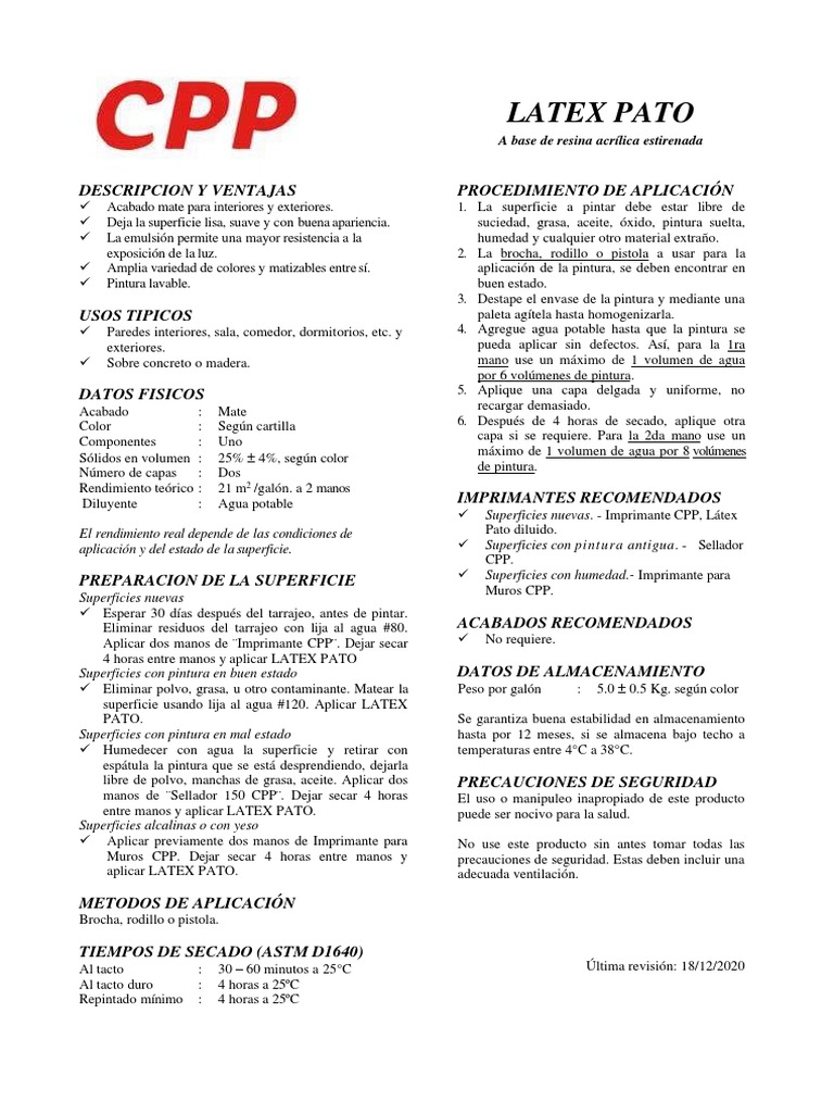 FICHA TECNICA Pinturas CPP Latex Pato Ficha Tecnica | PDF | Pintar | Materiales